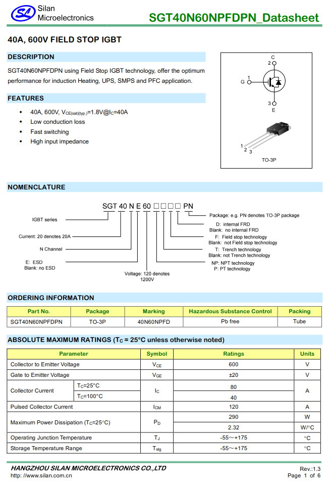 SGT40N60NPFDPN мощный IGBT транзистор (600В, 40А, TO-3P) - оригинал Silan